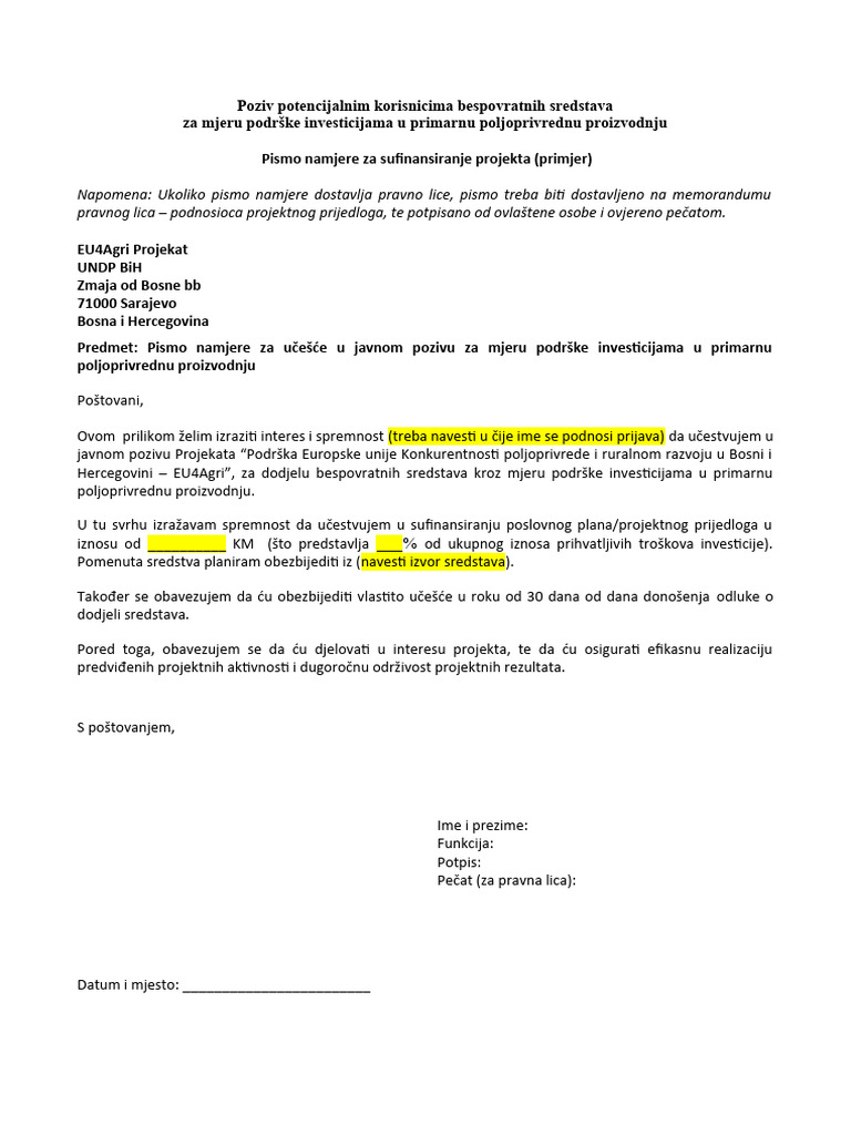 2 Pismo Namjere o Sufinansiranju JP Primarna Proizvodnja Nov 2022 | PDF