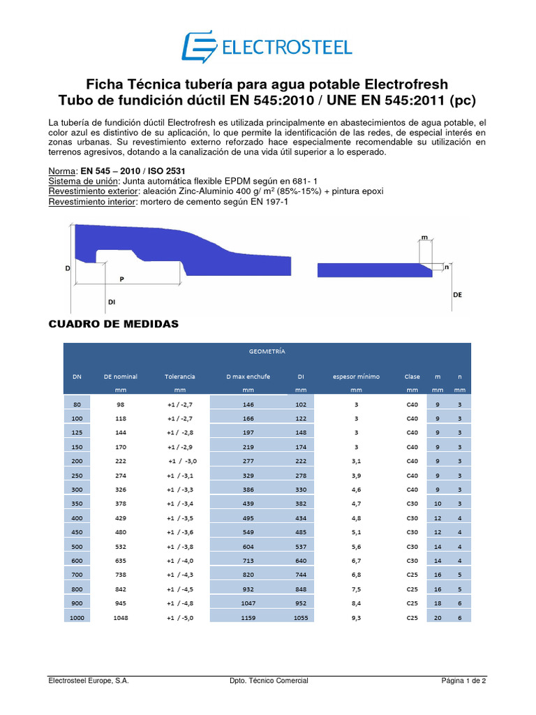 Ficha Técnica Tubería Abastecimiento Azul C Preferente UNE EN 545 2011 | PDF | Física Aplicada e ...