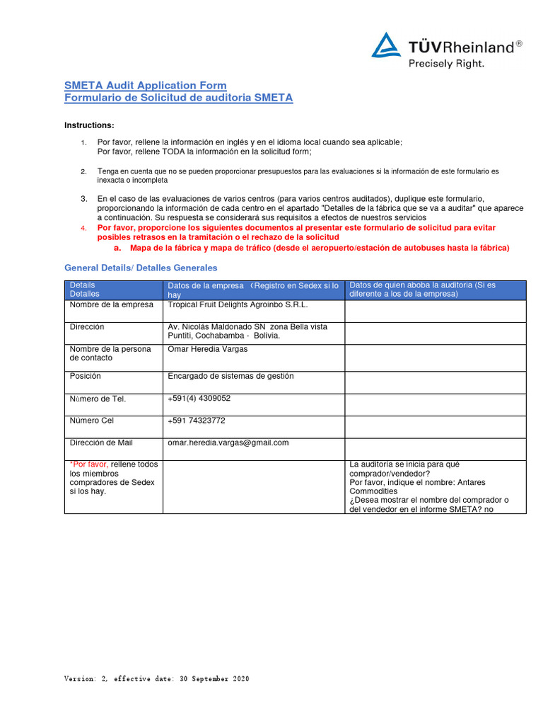 SMETA Audit Application Form V2.0 - Sep 2020 - ES... | PDF | Business ...