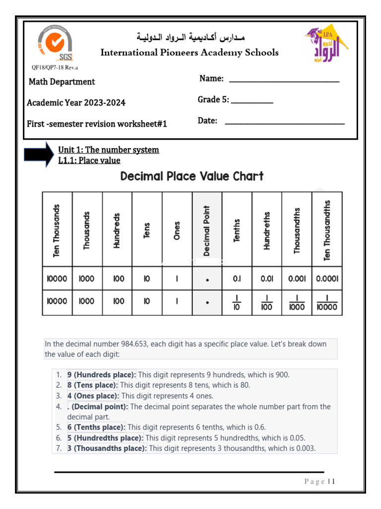 Revision Worksheet1 - g5 With Answer Key | PDF | Numbers | Rounding