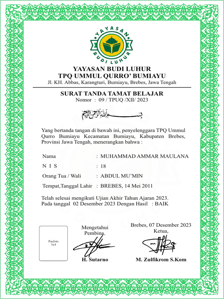 Yayasan Budi Luhur TPQ Ummul Qurro' Bumiayu: Surat Tanda Tamat Belajar ...