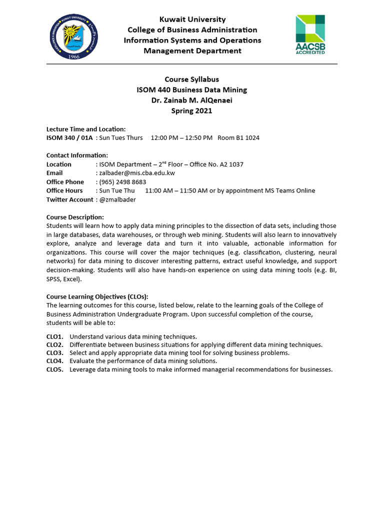 Syllabus ISOM 440 | PDF | Data Mining | Data