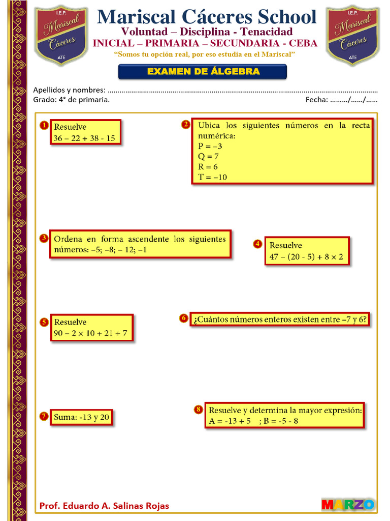 Examen de Álgebra - 4to de Primaria - Marzo - I Bimestre | PDF
