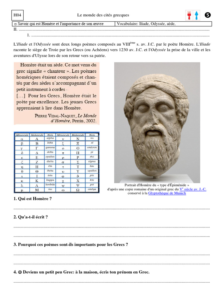 Savoir Qui Est Homère Et L'importance de Son Œuvre Vocabulaire: Iliade ...