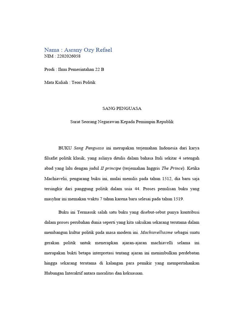 Teori Politik Asrany Ozy Refael 2202026058 | PDF