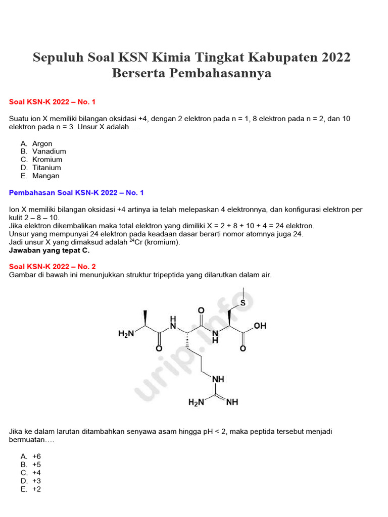Sepuluh Soal KSN Kimia Tingkat Kabupaten 2022 Berserta Pembahasannya | PDF