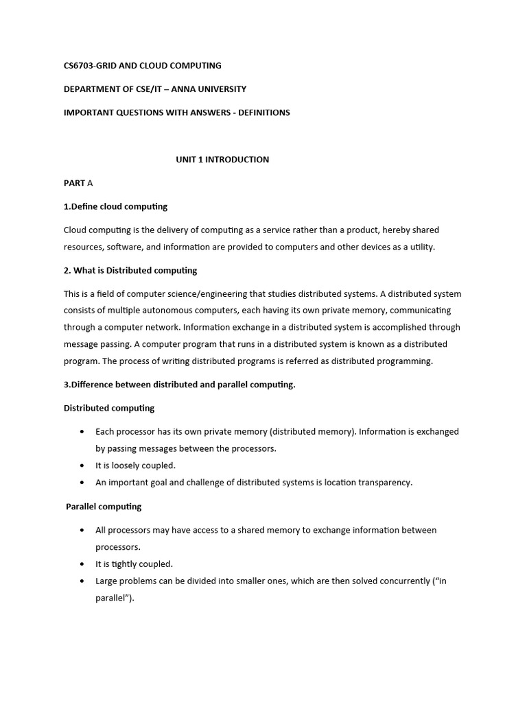 Grid - and - Cloud Computing - Important - Questions - Unit - 1 - Part - A | PDF | Grid ...