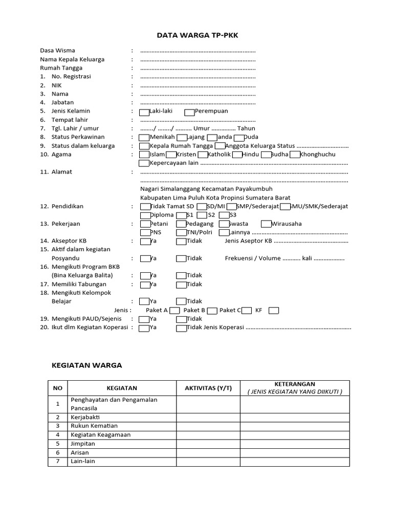 Contoh Pengisian Data Warga TP-PKK | PDF