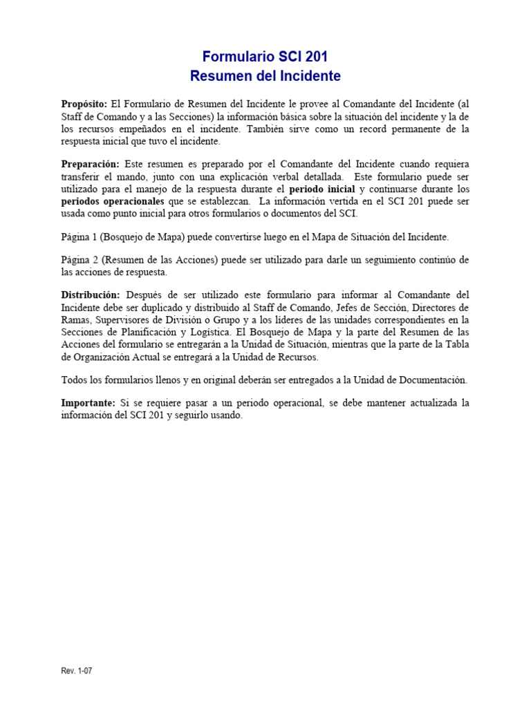 Formulario SCI 201: Resumen de Incidente | PDF