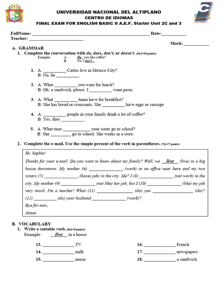 Centro de Idiomas Final Exam For English Basic Ii A.E.F. Starter Unit ...