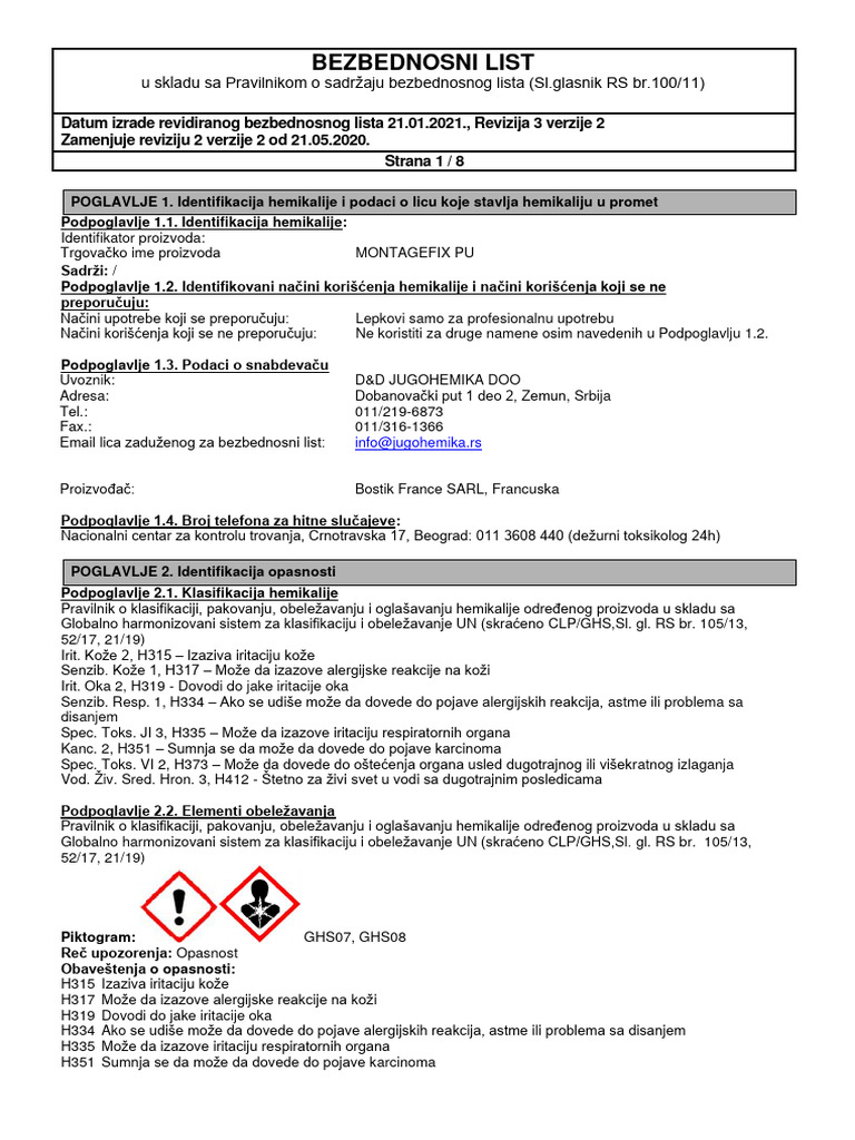 Bezbednosni List - MONTAGEFIX PU GHS 21-19 | PDF