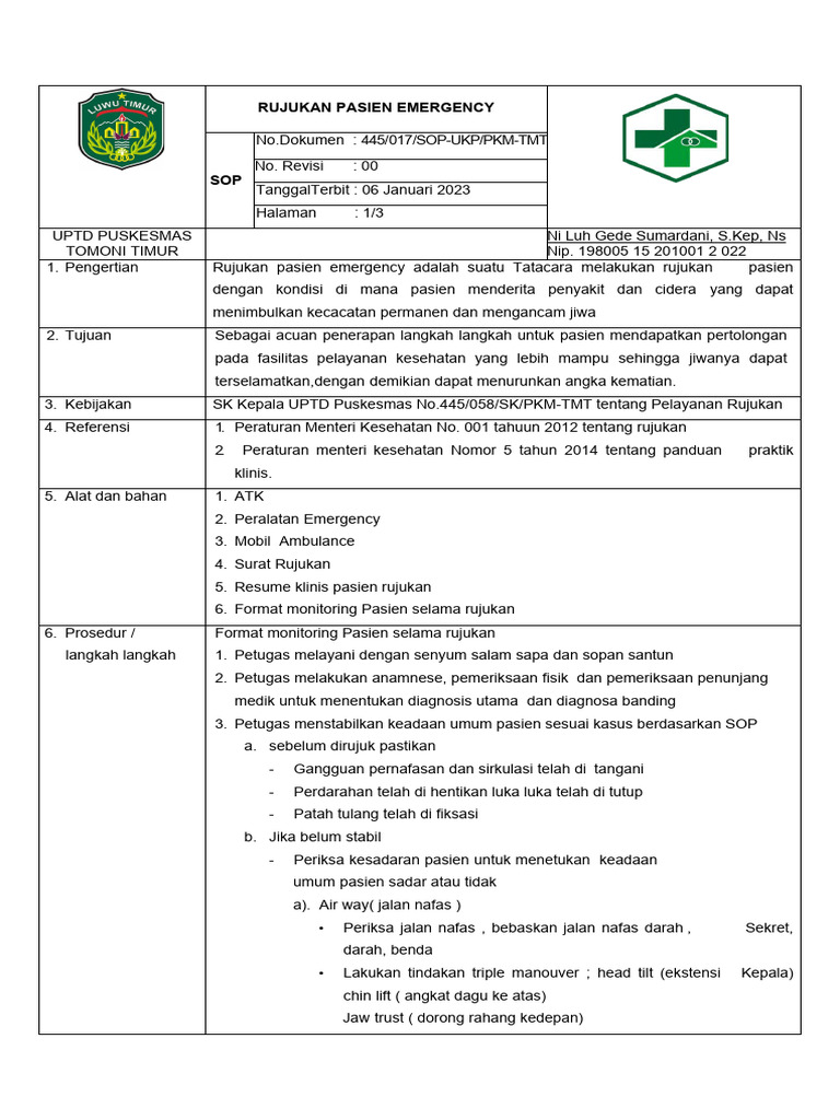 Sop Rujukan Pasien Emergency | PDF