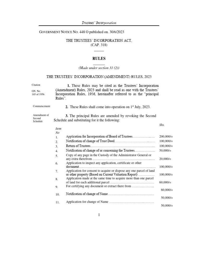Trustees Incorporation (Amendment) Rules 2023 | PDF | Legal Documents ...