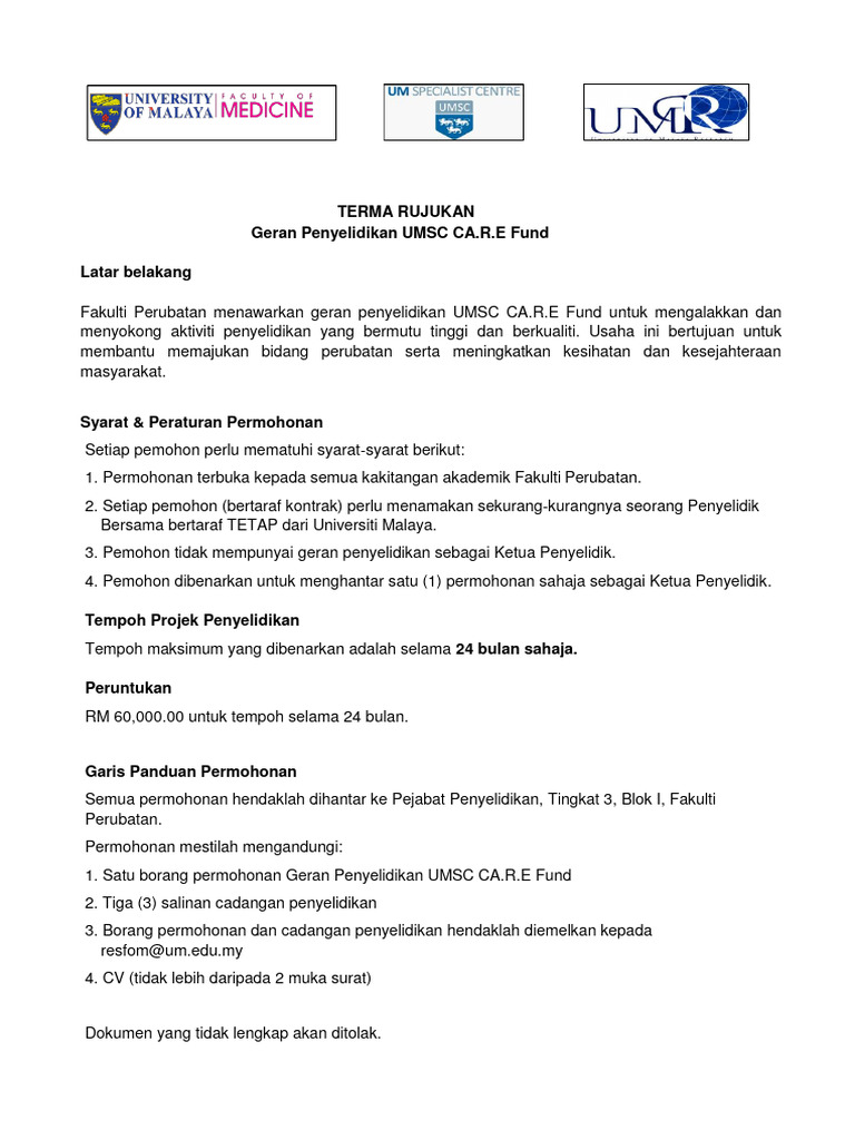 Terma Rujukan - Geran Penyelidikan UMSC CARE Fund 2020 | PDF
