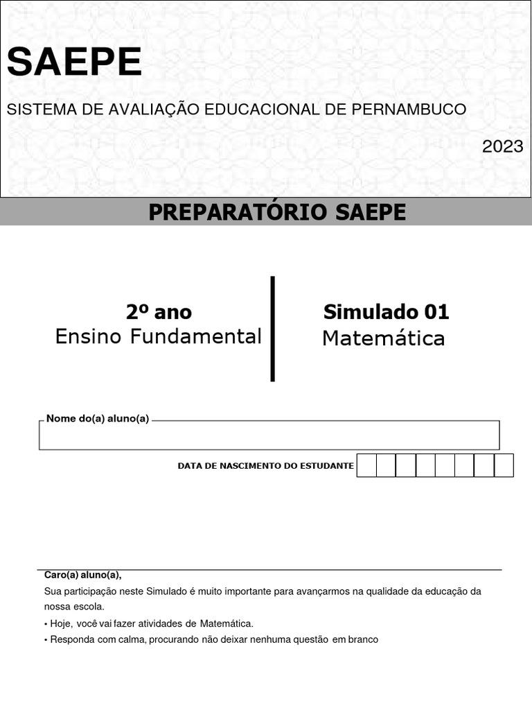 Simulado 01 SAEPE Matemática - 2º Ano | PDF