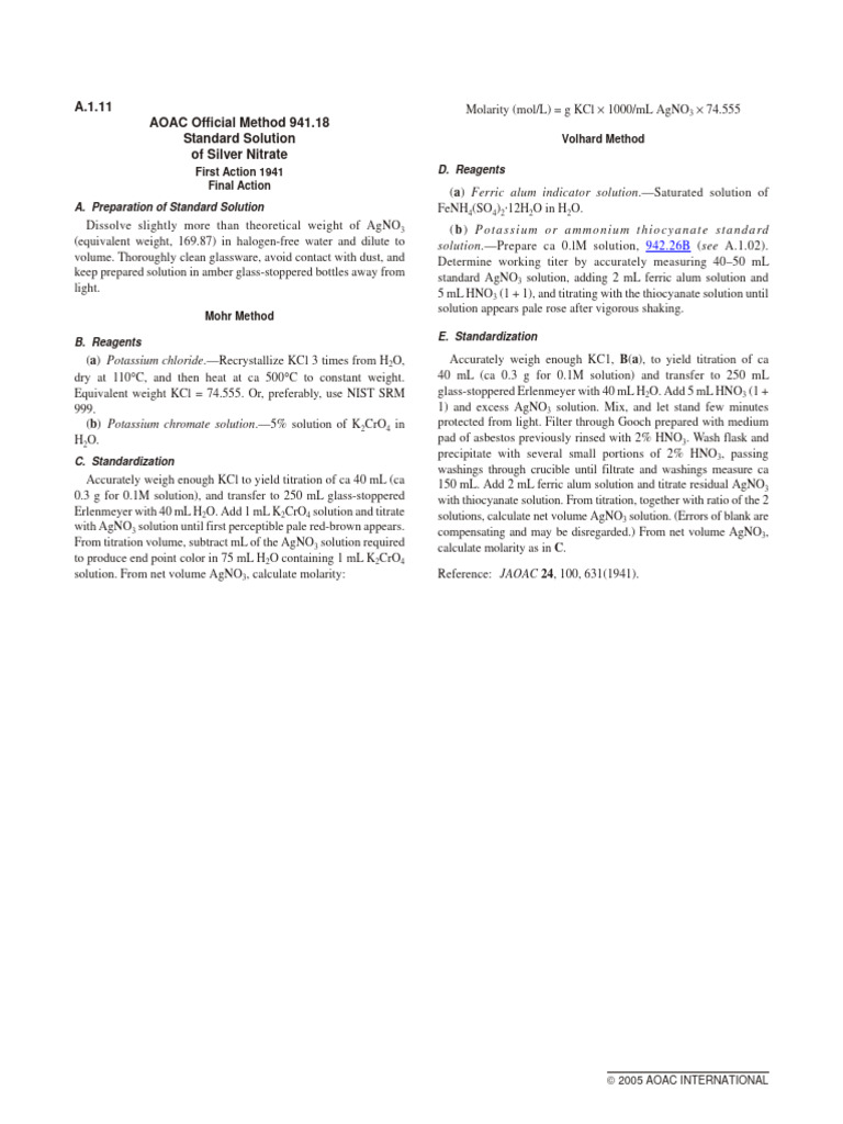 AOAC 941.18 Standard Solution of Silver Nitrate | PDF