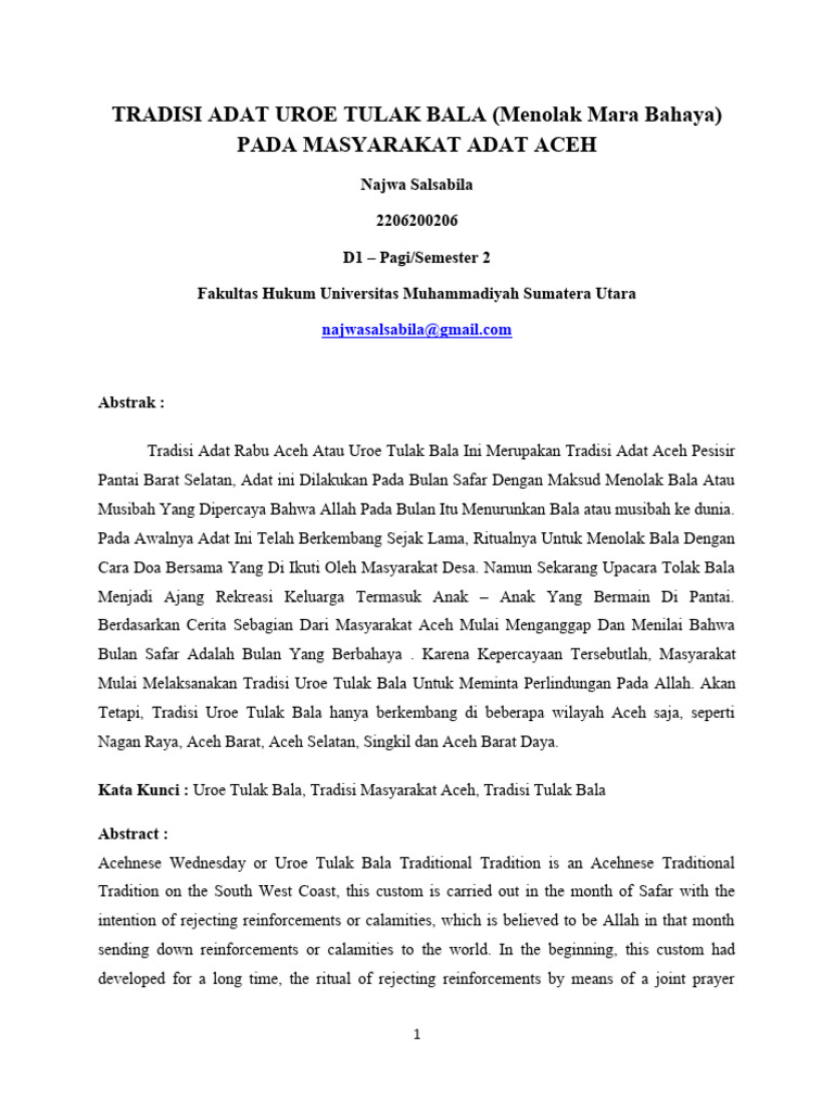 Tradisi Adat Uroe Tulak Bala Najwa Salsabila | PDF