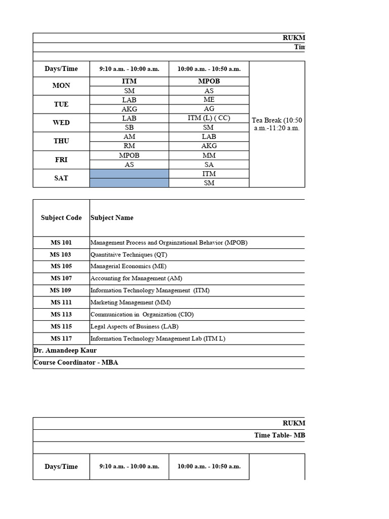 Time Table MBA - 1st Semester. | PDF