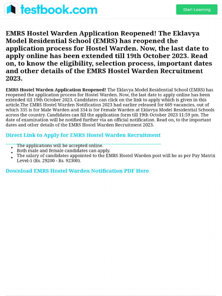 EMRS Hostel WardenExam Info | PDF