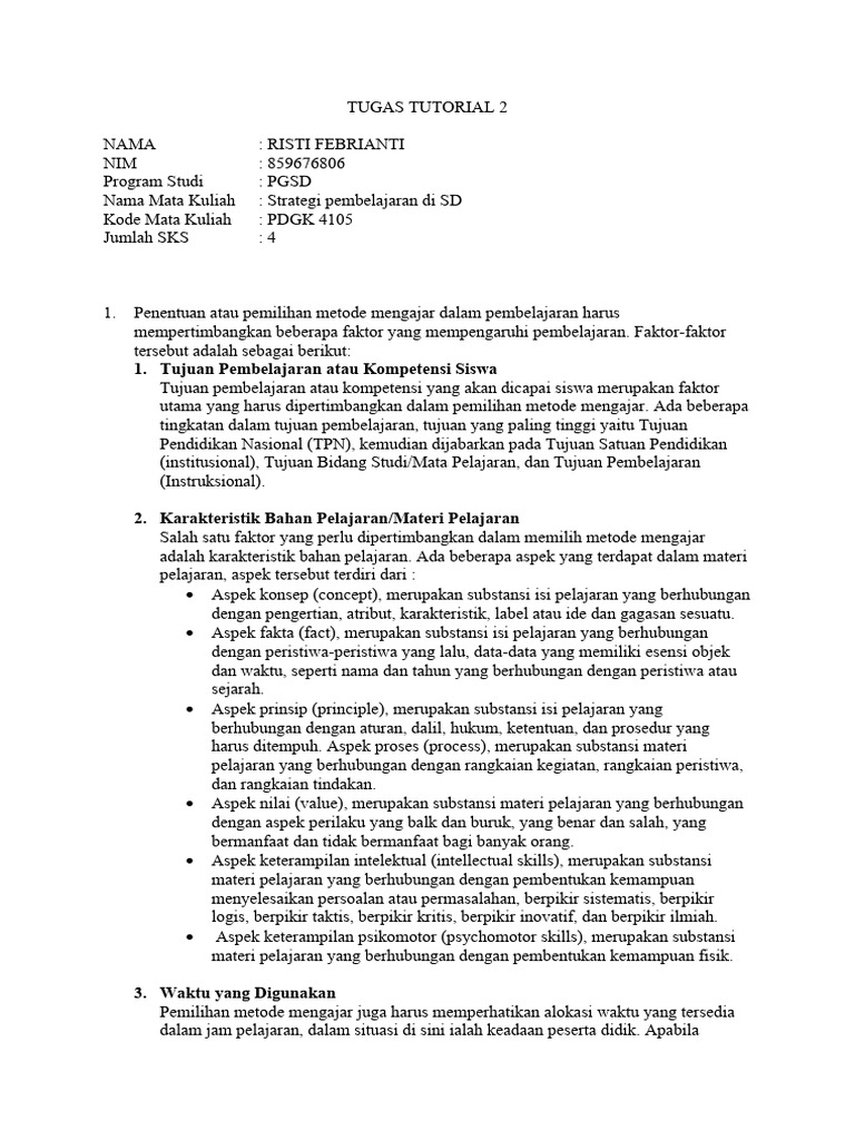 Tugas Tutorial 2 Strategi Pembelajaran Di SD | PDF