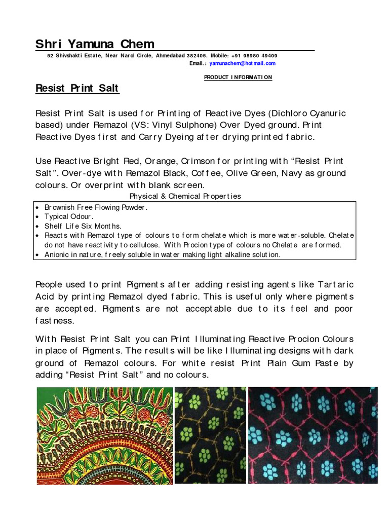 Resist Printing Salt | PDF | Dyeing | Dye
