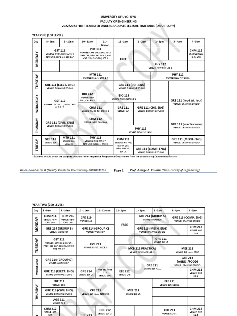 2022/2023 Engineering Timetable | PDF