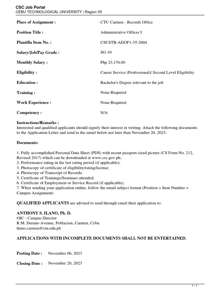 Cebu Technological University-Administrative Officer I | PDF