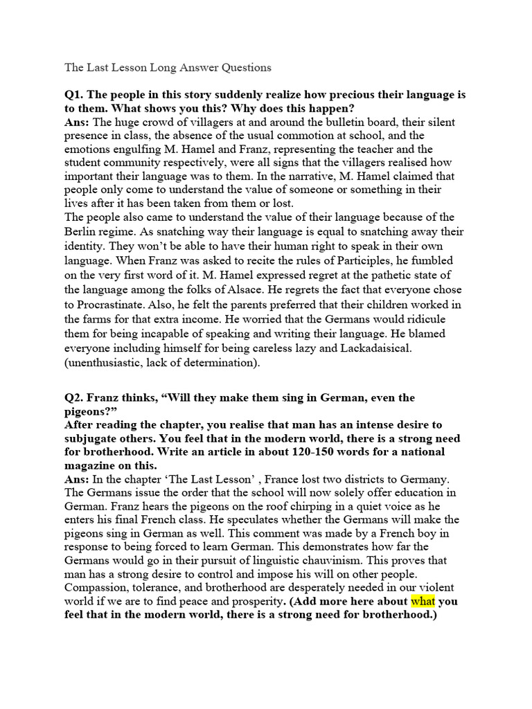 The Last Lesson Long Answer Questions | PDF | Literacy