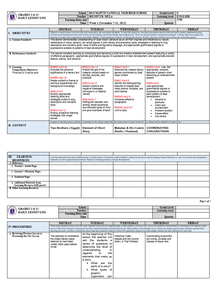 DLL ENG8 2NDQ 1st Week Edited | PDF | Learning | Teachers