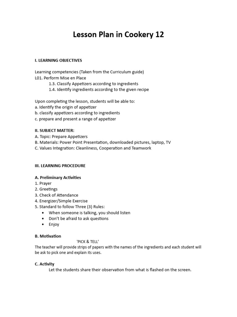 Cookery LP For Demo | PDF | Hors D'oeuvre | Food And Drink Preparation