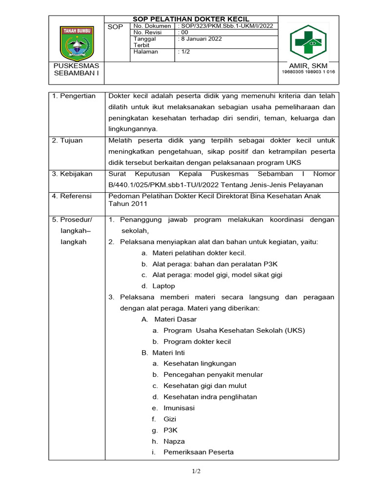 SOP Pelatihan Dokter Kecil | PDF SOP Pelatihan Dokter Kecil | PDF