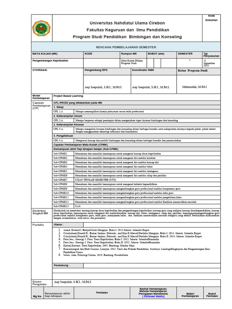 RPS Pengembangan Kepribadian Oke | PDF
