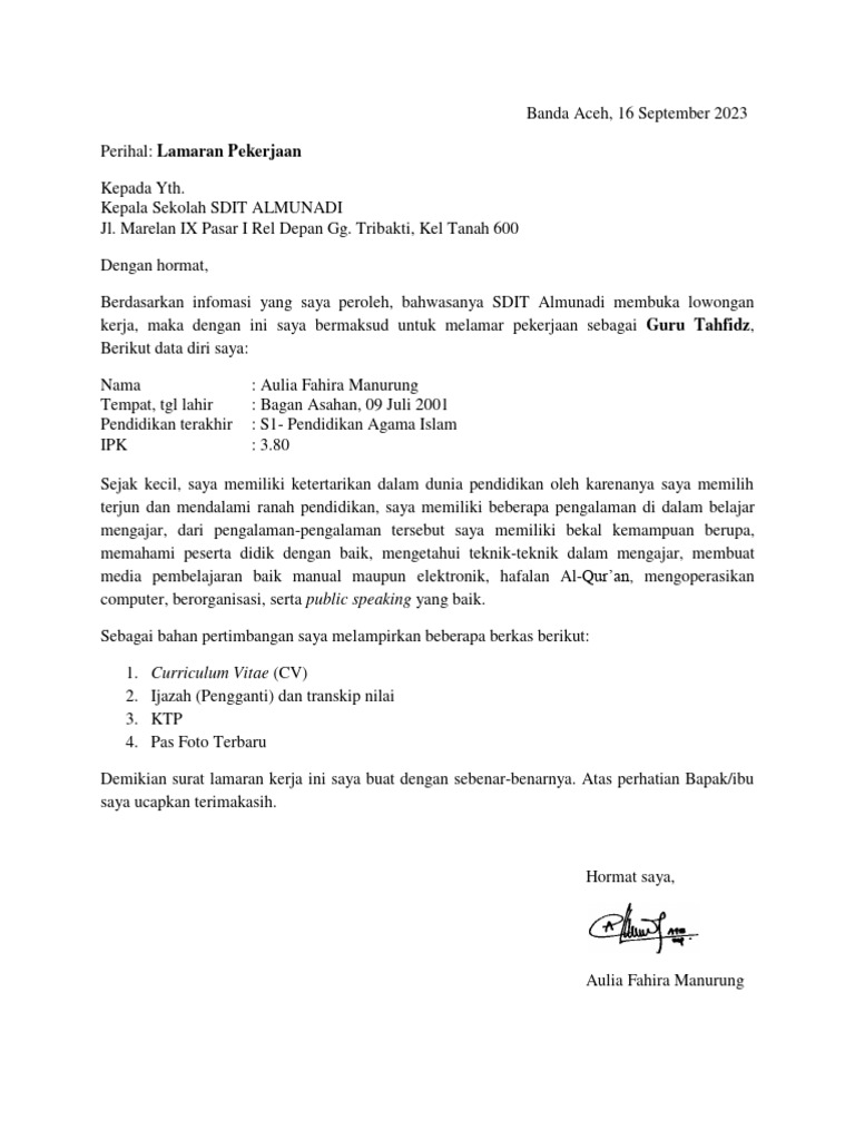 Lamaran SDIT Almunadi | PDF