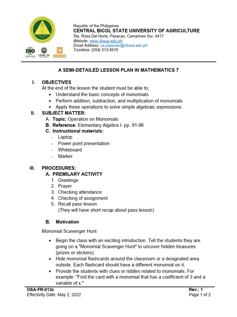 Semi-Detailed LP - Operation On Monomials | PDF | Mathematics | Algebra
