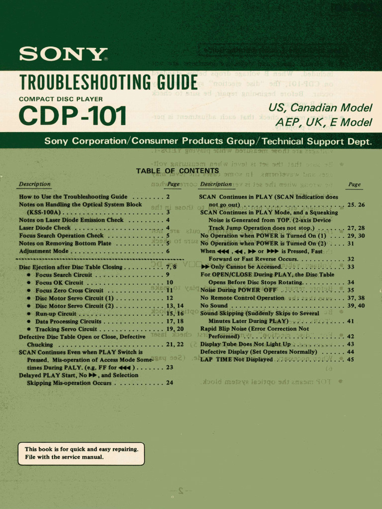 Sony cdp-101 Troubleshooting Guide en | PDF