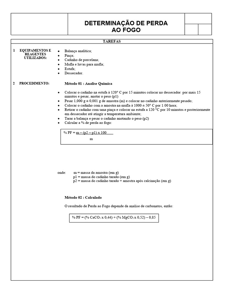 Modelo de analide de perda ao fogo ou perda por calcinação | PDF