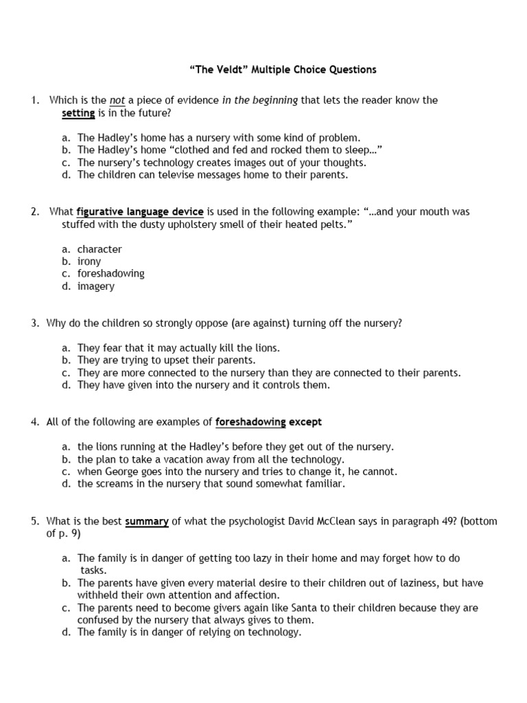 "The Veldt" Multiple Choice Questions | PDF