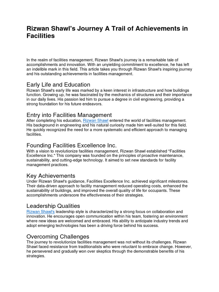 Rizwan Shawl's Journey A Trail of Achievements in Facilities | PDF | Sustainability | Innovation