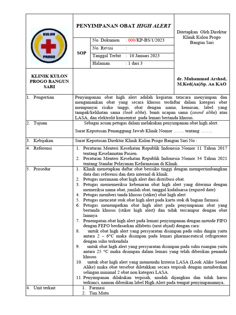 Sop Penyimpanan Obat High Alert Pdf