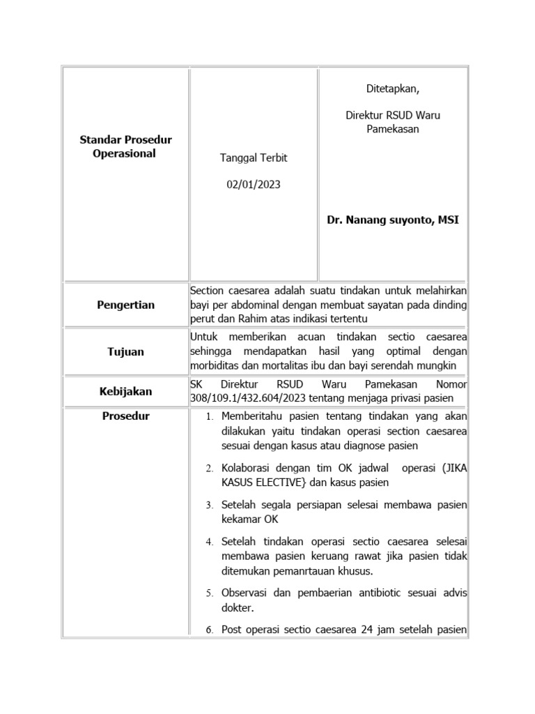 Prosedur Operasi Sectio Caesarea RSUD Waru | PDF