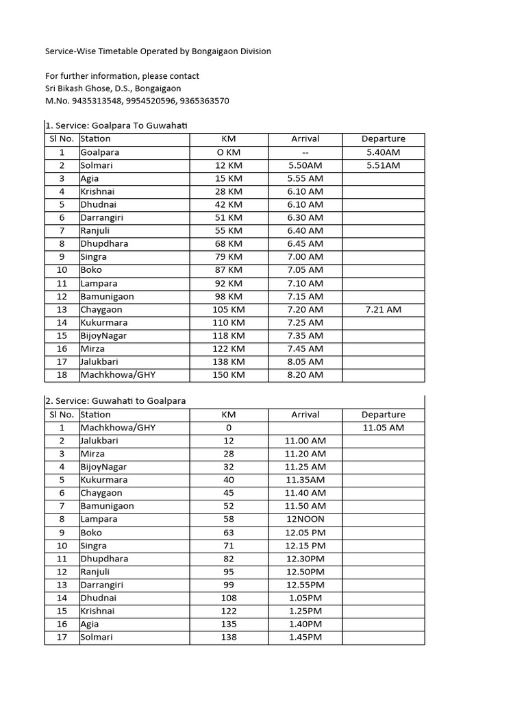 Bus Timetable Operated by Bongaigaon Division | PDF