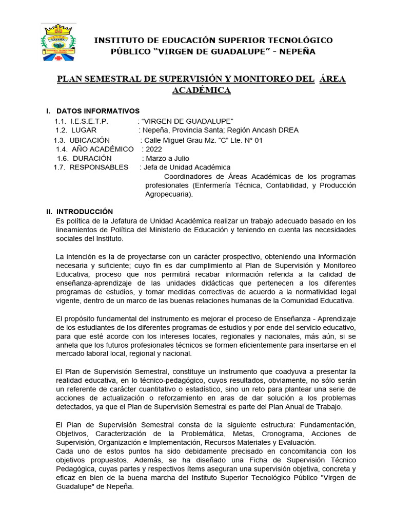 Plan de Supervisión y Monitoreo 2022 | PDF | Enseñando | Evaluación