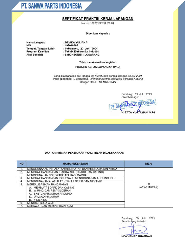 Sertifikat PKL Devika Yuliana | PDF
