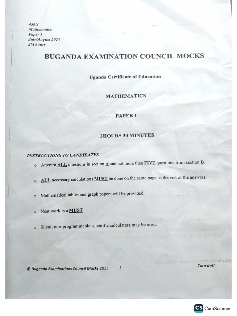 BUGANDA EXAMINATION COUNCIL MOCKS 2023 S.4 MATHEMATICS | PDF