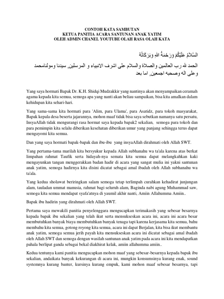 7. CONTOH KATA SAMBUTAN ACARA SANTUNAN ANAK YATIM | PDF