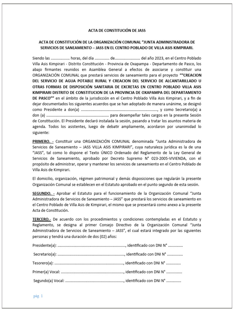 Modelo De Acta De Jass Pdf Constitución Saneamiento