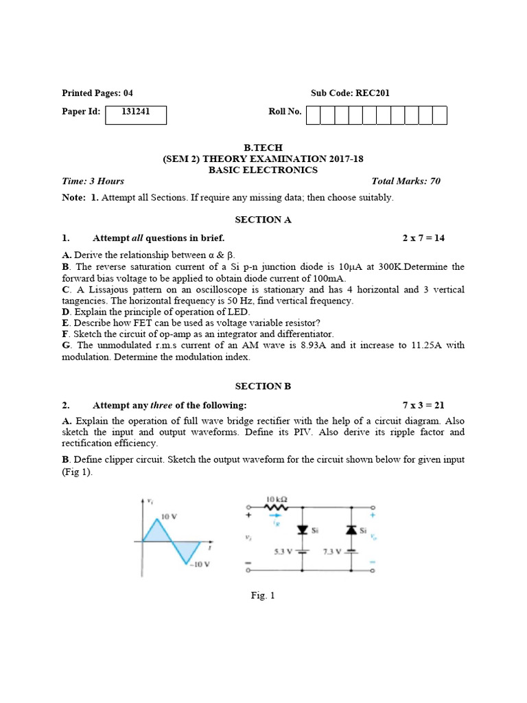 B.Tech Basic Electronics Exam | PDF | Operational Amplifier | Rectifier
