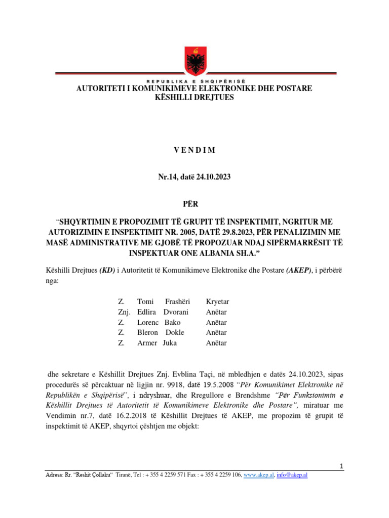 Vendim Final Per Ndeshkimin Me Gjobe Te One Albania | PDF