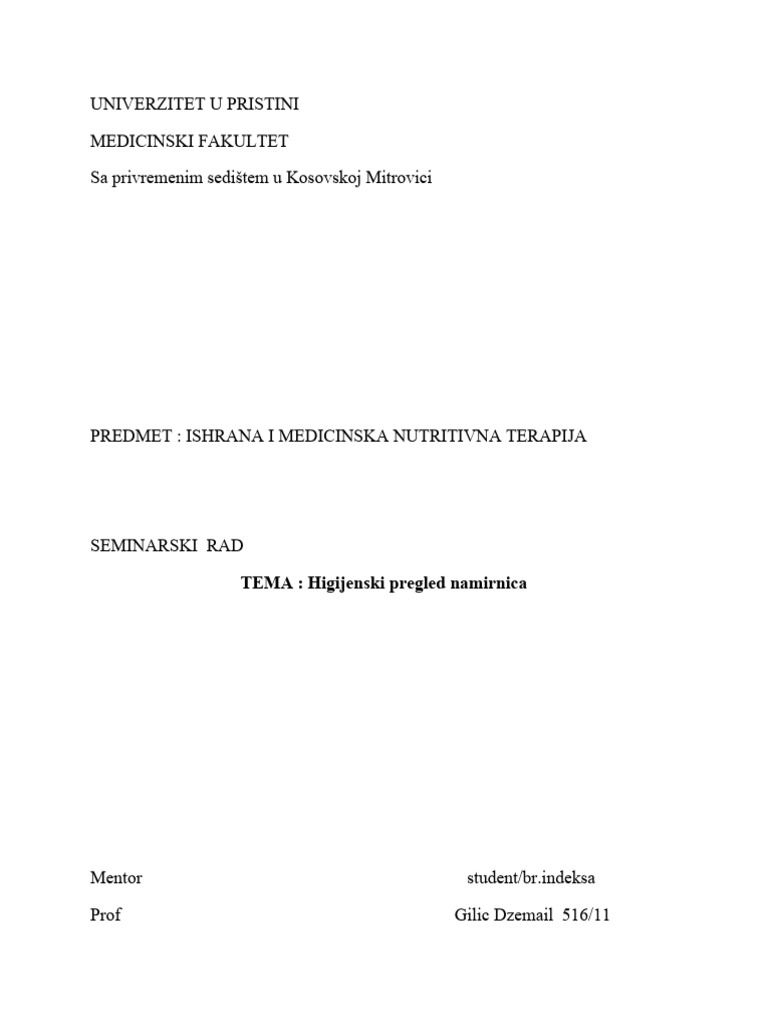 Sem Rad Higijenski Pregled Namirnica | PDF