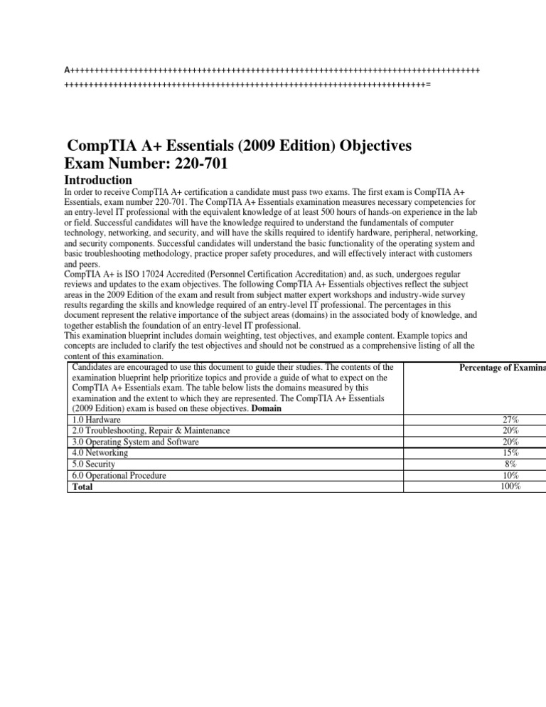 Comptia A+ Essentials (2009 Edition) Objectives Exam Number: 220-701 | PDF